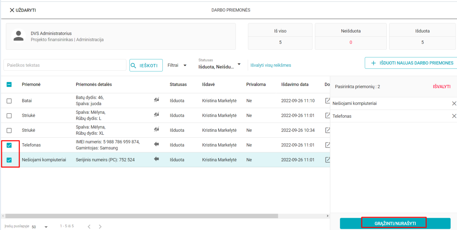 Darbo priemonių išdavimas/grąžinimas - BSS