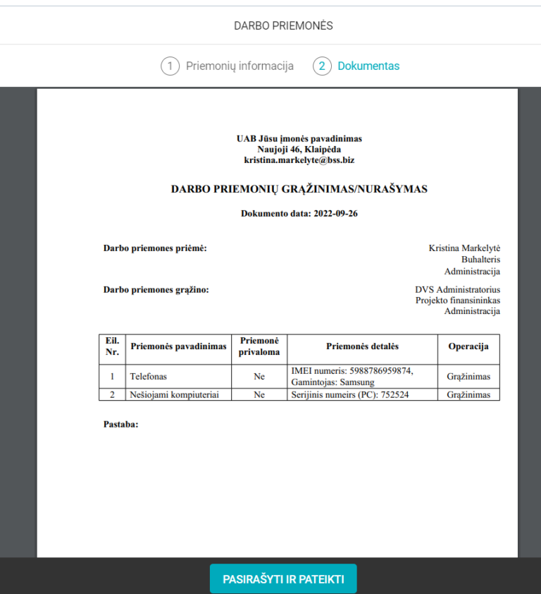 Darbo priemonių išdavimas/grąžinimas - BSS